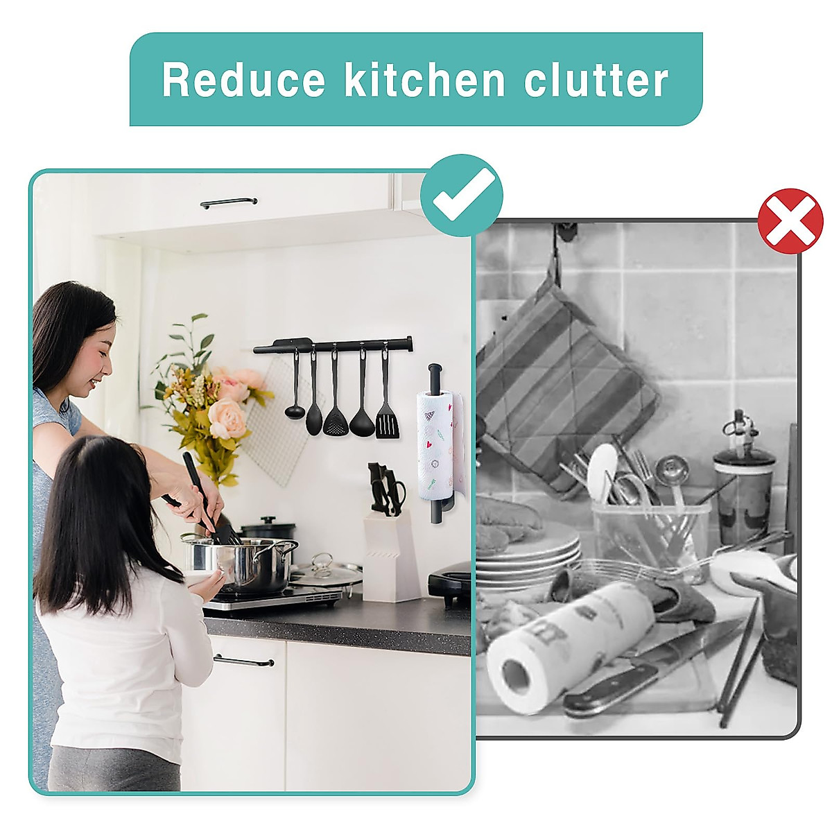 Paper Towel Holder, Self Adhesive or Drilling Paper Towel Holder Under Cabinet, Stainless Steel Black Paper Towel Holder Wall Mount for Kitchen, Bathroom, Sink, Pantry, Fridge