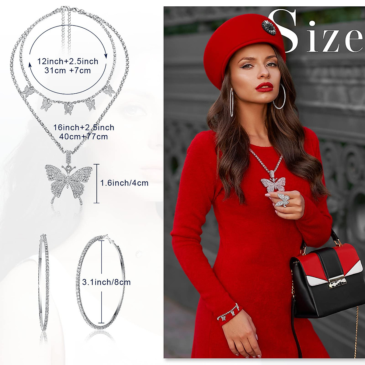 Bonuci 4 Pcs Butterfly Jewelry Set Butterfly Pendant Necklace Hoop Earrings Bracelet Ring Necklace Set for Women(Silver)