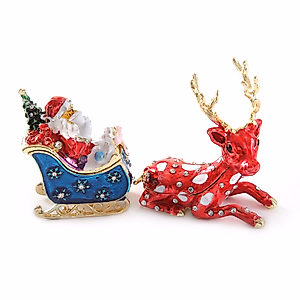 Ingbear Red Sika Deer & Santa Claus Figurine Hinged Trinket Boxes, Unique Gift for Thanksgiving Day & Christmas Day, Hand-Plated Enameled Jewelry Box, Animals Ornaments for Home Décor