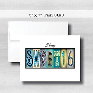 Personalized Sweet 16 Happy Birthday Card, 5" x 7" FLAT CARD, Milestone Greeting Cards