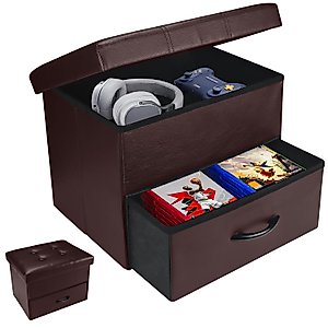 AmasSmile® Storage Ottoman Foot Rest Stool, 16 inch Leather Folding Footstool Bench, Short Ottoman Bench, Storage Foot Rest Store, Books, Records Support 220 lbs, Brown