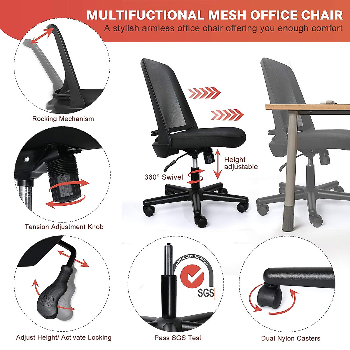 Funria Mid Back Mesh Office Chair Adjustable Ergonomic Swivel Executive All Mesh Task Chair with Flip Up Armrests Lumbar Support Computer Desk Chair