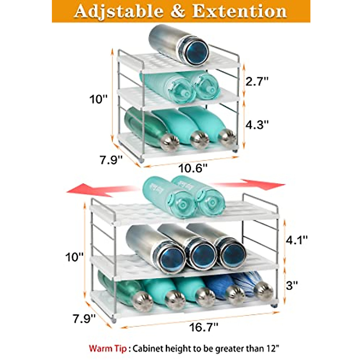Water Bottle Organizer For Cabinet, Expandable Water Bottle Holder Rack, Adjustable Tumbler Storage For Kitchen Organization, 3 Tier Cup Organizer For Sports Flask Insulated Travel Mug Fridge, White