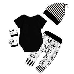 puseky 4pcs Newborn Baby Boys Girls Skull Romper+Pants+Hat+Mitten Halloween Outfit Set (0-6 Months, Black+White)