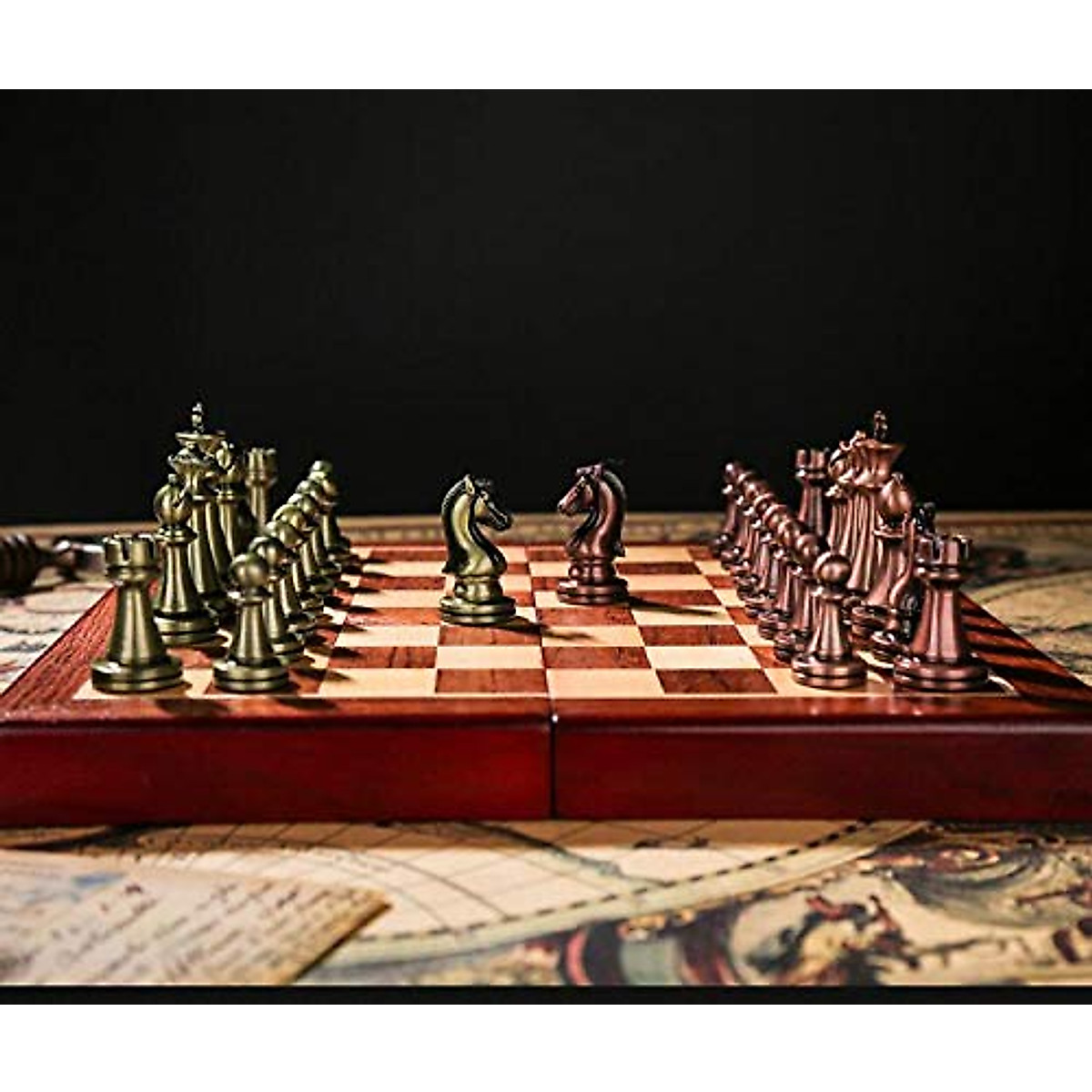 Agirlgle Retro Metal Chess Set with Folding Wooden Chess Board and Classic Handmade Standard Pieces Metal Chess Set for Kids Adult