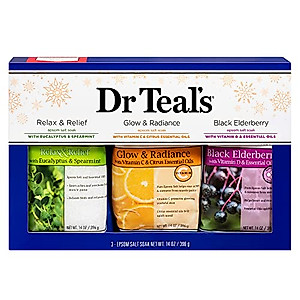 Dr Teal's Epsom Salt Variety Pack Gift Set (Relax & Relief with Eucalyptus & Spearmint, Glow & Radiance with Vitamin C & Citrus, and Black Elderberry with Vitamin D & Essential Oils 14 oz. Bags).