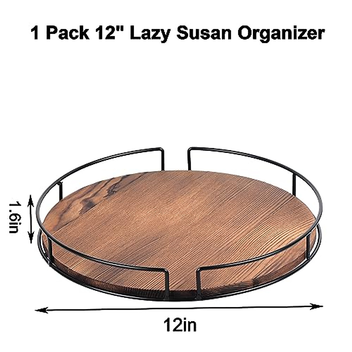 12" Lazy Susan Organizer - Non-Skid Wood Turntable Organizer for Cabinet, Pantry, Kitchen Countertop, Refrigerator, Spice Rack, Carbonized Black