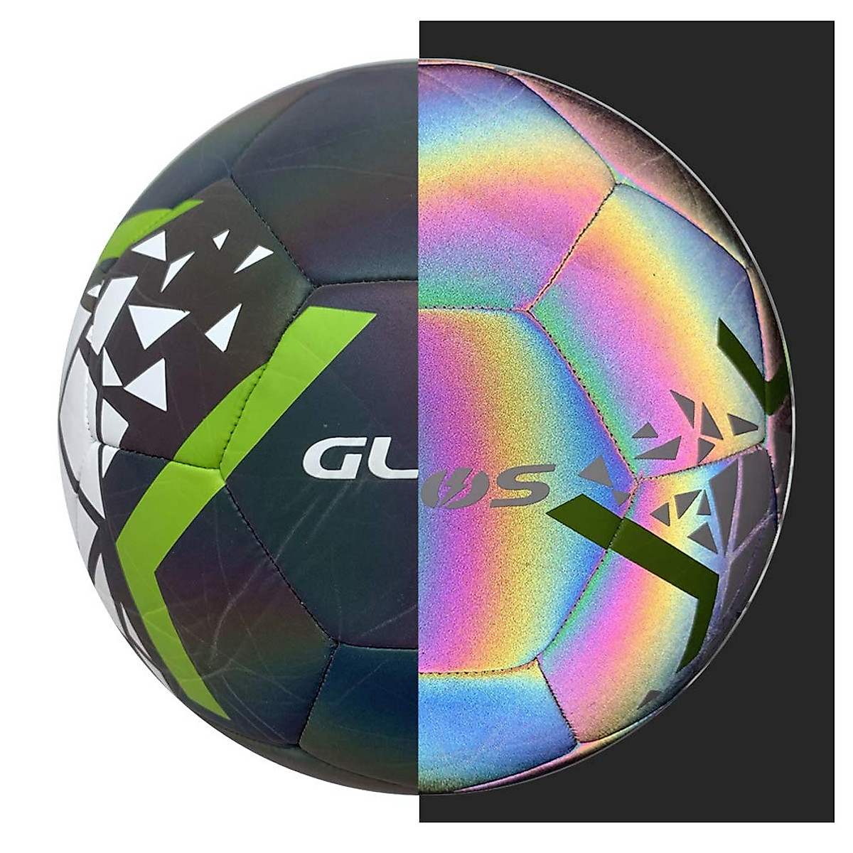 GLOS Glow Reflective Size5 Soft Leather Soccer Ball-Light Up in Camera Flash,for Adults. (Neon, Size 5)