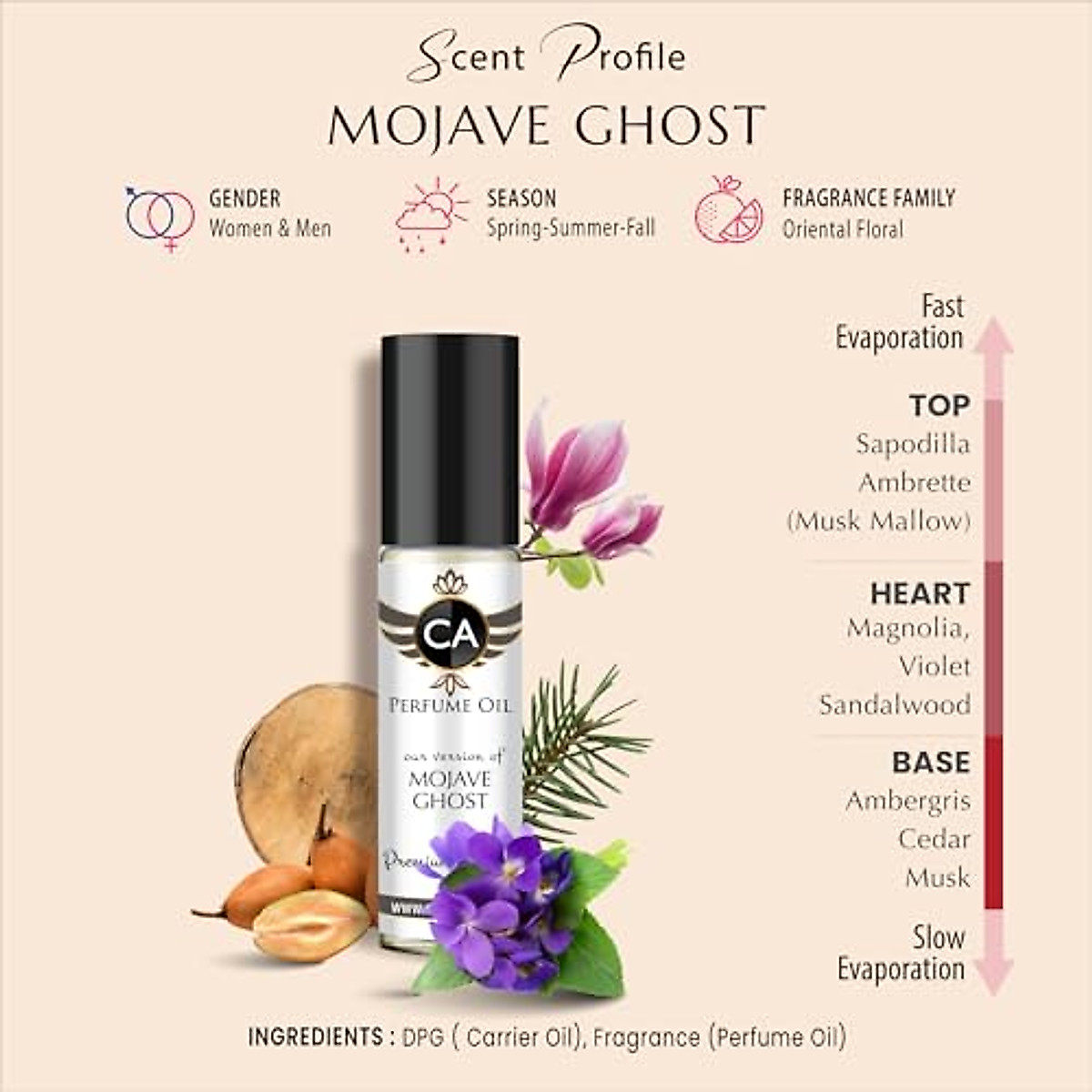 CA Perfume Impression of Mojave Ghost For Women & Men Replica Fragrance Body Oil Dupes Alcohol-Free Roll-On 0.3 Fl Oz/10ml