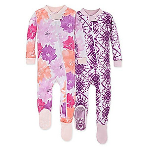 Burt's Bees Baby baby girls Pajamas, Zip Front Non-slip Footed Pjs, 100% Organic Cotton and Toddler Sleepers, Watercolor Spring 2-pk, 12 Months US