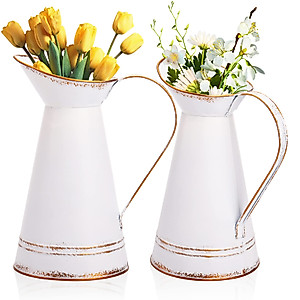 Elsjoy Set of 2 Metal Pitcher Vase Galvanized Flower Vases, Shabby Chic Farmhouse Vase with Gold Rim, 5" x 9" Vintage French Milk Can Jug for Home Decor, Garden, Wedding