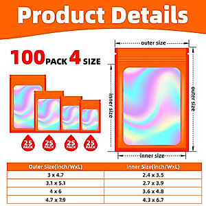 100PC Smell Proof Bags 4 Size Resealable Mylar Holographic Bags with Clear Window - Odor-Proof Packaging Pouches for Food Candy Storage, Eyelashes, Jewelry, Electronics,Small Business (Orange)