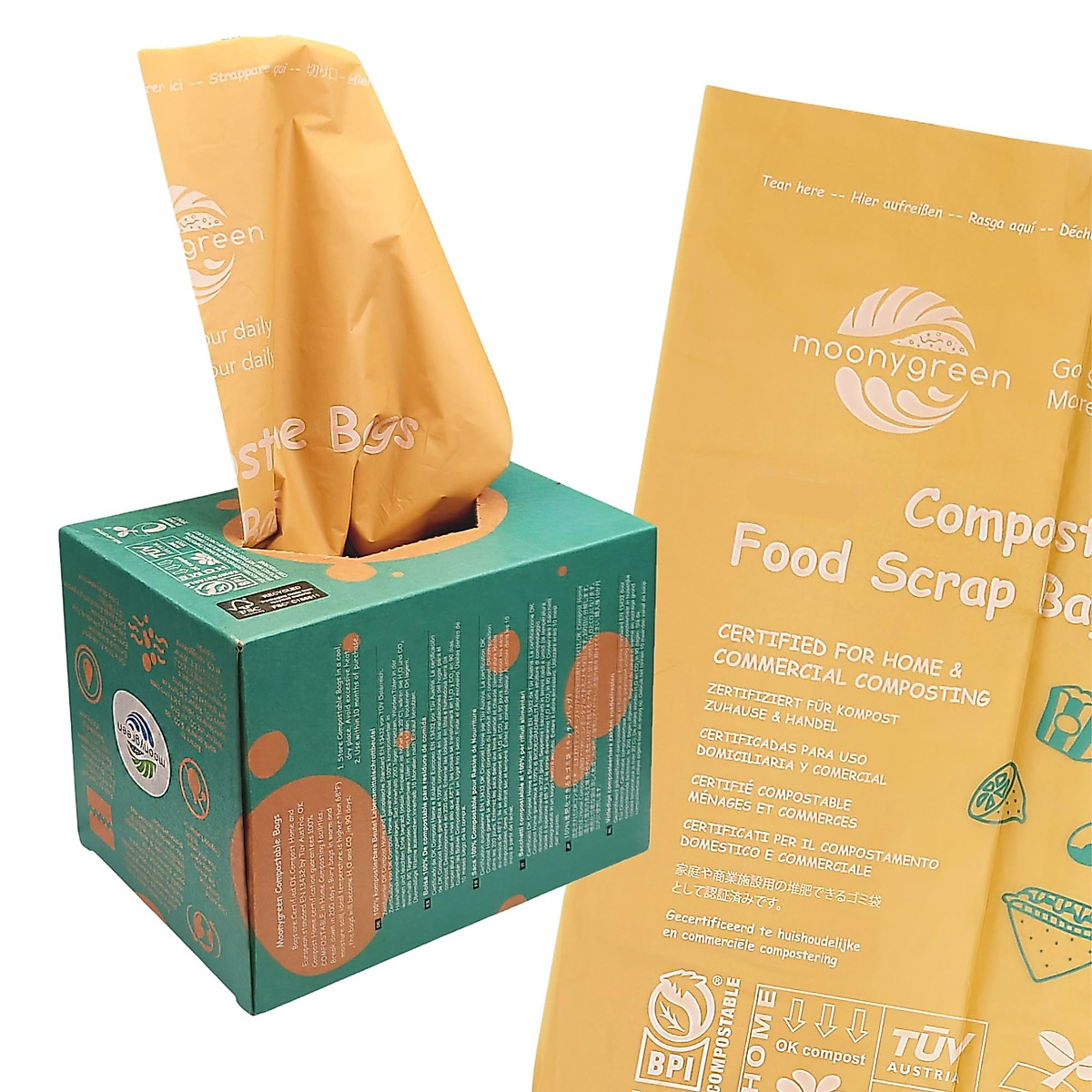 Moonygreen Compostable Trash Bags 13 Gallon, Tall Kitchen Heavey Duty Food Waste Bags, Extra Thick, Certified US BPI ASTM D6400, 49.2 Liter, 50 Count