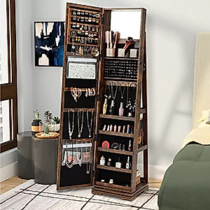 ACIPENSER Rotating Jewelry Armoire Cabinet, Standing Lockable Jewelry Cabinet Organizer w/Full Length Mirror, Large Storage Capacity, Built-in Makeup Mirror & 3-Tier Back Shelves, Rustic Brown