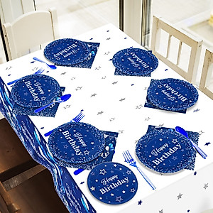 Navy Blue and Silver Birthday Party Supplies Tablecloths Tableware Sets Dessert Plates Napkins Forks for Men Women Birthdays Weddings Decoration Favors