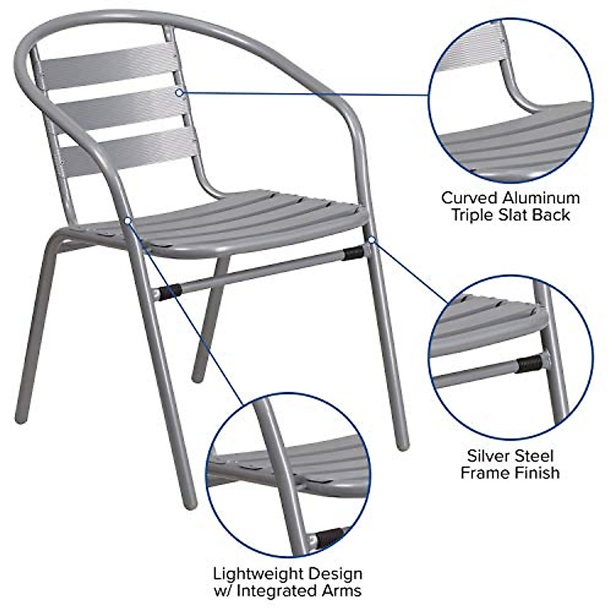 EMMA + OLIVER Silver Metal Stack Chair with Aluminum Slats