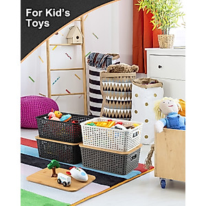 Storage Bins with Bamboo Lids Set of 6 Lidded Storage Container Plastic Baskets Organizer Bins for Organizing Kithen Room Bedroom Office Closet, Sturdy(Grey)