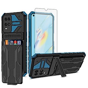Asuwish Phone Case for Oppo A54 4G with Tempered Glass Screen Protector Cover and Slim Credit Card Holder Stand Hybrid Mobile Slot Kickstand Film Rugged Cell Accessories CPH2239 Women Men Blue