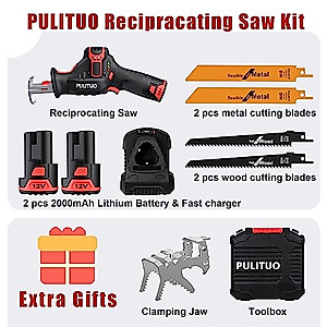 PULITUO Cordless Reciprocating Saw, Speed 3000SPM with Clamping Jaw, Including 2000 mAh/ 1-Hour Fast Charge,Safety Gloves& Goggles, 4Pcs of Saw Blades for Wood
