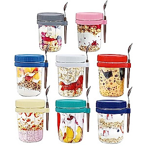 COOKWIN Overnight Oats Containers with Lids and Spoon,8 Pack Overnight oats containers with lids glass,12 oz Wide Mouth Overnight oats jars,Meal Prep Jars with Measurement Scale for Oats Milk Salad