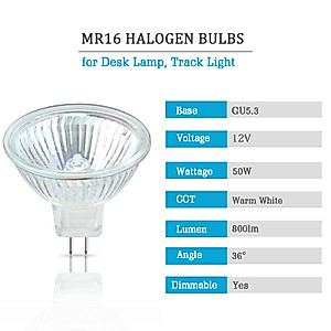 XBOCMY MR16 Halogen Light Bulbs, 6 Pack 50W 12V GU5.3 Bi-Pin Base, Dimmable Spotlights with Glass Cover for Living Rooms, Landscape, Track Lights, Desk Lamps, Fiber Optics
