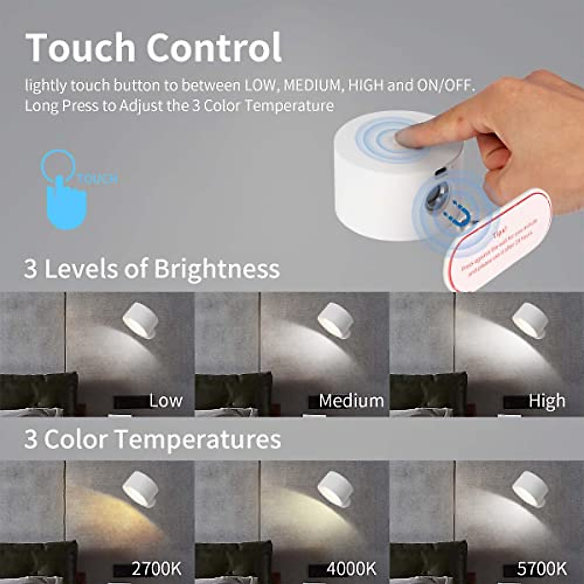 SNPDE Rechargeable Battery LED Wall Mounted Light for Bedside Reading and Bathroom Mirror (White, 1 Pack)