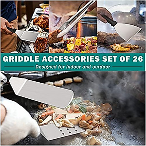 Leonyo Griddle Accessories Set of 26, Stainless Steel Grill Accessories Set with Metal Spatula, 2 Melting Domes, Burger Press, Professional Outdoor Grilling Tool for Cast Iron Flat Top Teppanyaki BBQ
