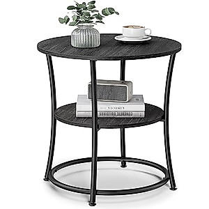 VASAGLE Side Table, Round End Table with 2 Shelves for Living Room, Bedroom, Nightstand with Steel Frame for Small Spaces, Outdoor Accent Coffee Table, Charcoal Gray and Black