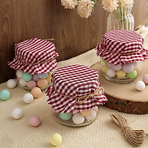 Efavormart 6 Pack | 6" Red/White Checkered Jam Jar Covers, Gingham Polyester Fabric Mason Jar Covers with Jute String - Scalloped Edge