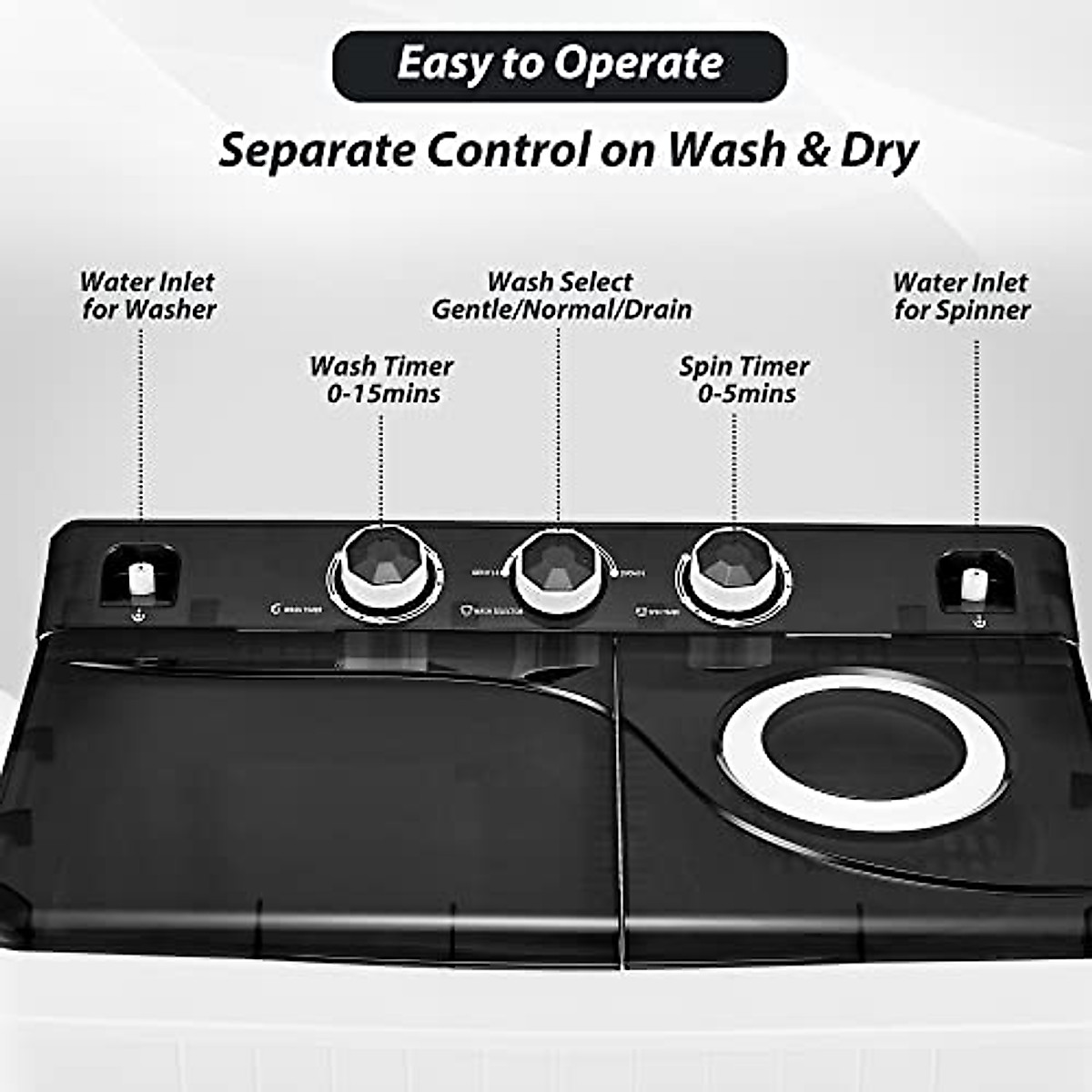Homguava 26Lbs Capacity Portable Washing Machine Washer and Dryer Combo Twin Tub Laundry 2 In 1 Washer(18Lbs) & Spinner(8Lbs) Built-in Gravity Drain Pump,for Apartment,Dorms,RV Camping (black+white)