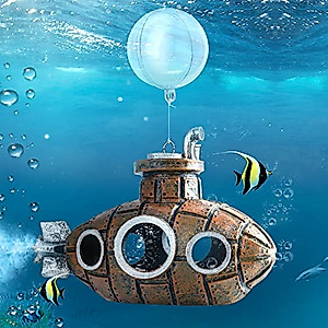 Floating Fish Tank Decoration, Little Cute Retro Submarine Aquarium Decoration with Two Float Balls , Resinous Fish Tank Accessorie, Safe Fish Toy for Betta Cichlid Goldfish Shrimps Hermit Crabs