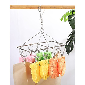 WudTus Sock Dryer with 20 Clips for Underwear Lingerie Baby Clothes and Small Laundry Items, Stainless Steel Rotatable Drying Rack,10 Peg, 1 Pack Round & 1 Pack Rectangle