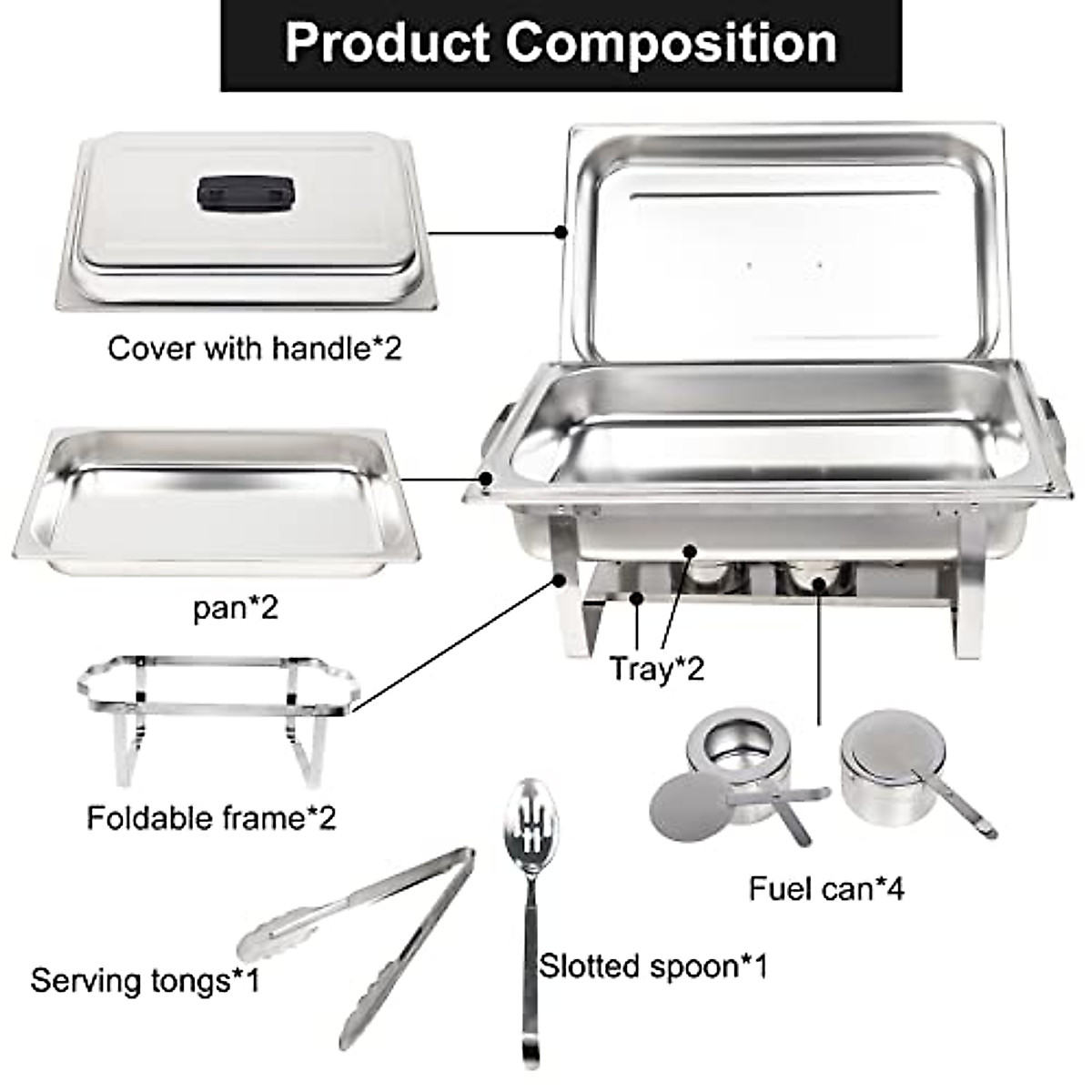 Valgus 2 Pack 8QT Stainless Steel Chafing Dish Buffet Chafer Set with Foldable Frame Water Trays Food Pan Fuel Holder and Lid Food Warmers for Wedding, Parties, Banquet, Catering Events