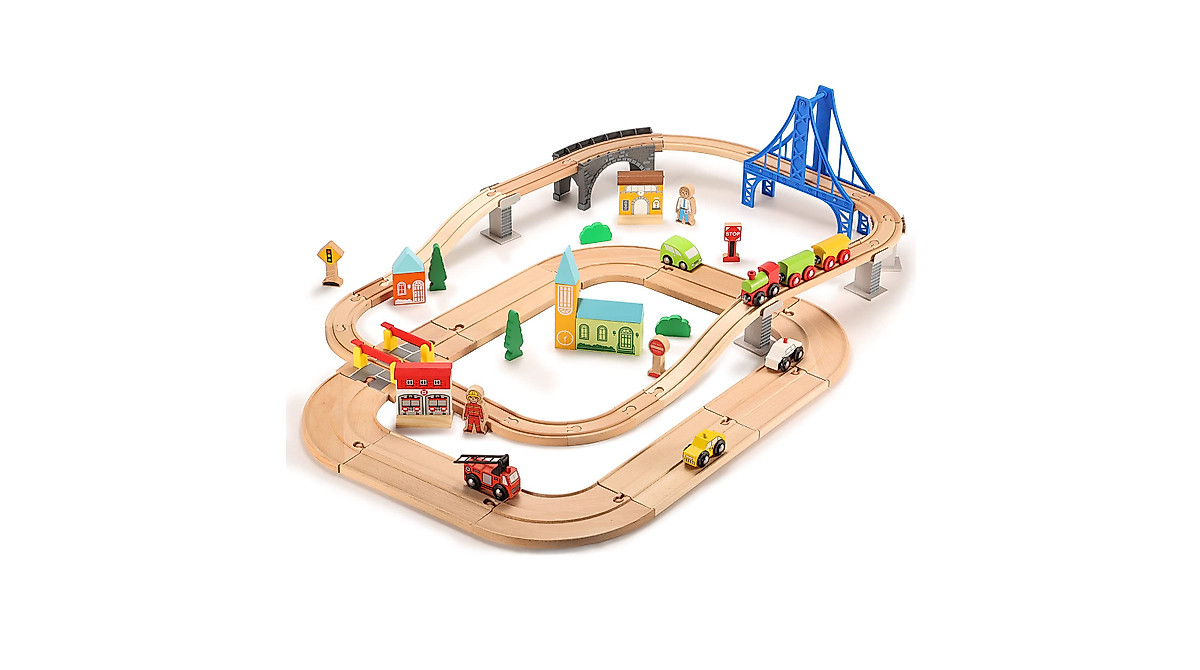 SainSmart Jr. 60-Piece Wooden Train Set for Toddlers