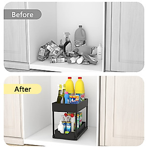 Way2Furn Under Sink Organizers and Storage, 2 Tier Kitchen Under Sink Cabinet Organizer, Under Sink Shelf Organizer with Hooks and Hanging Cups for Cabinet, Countertop, Bathroom, Kitchen, 2 Pack