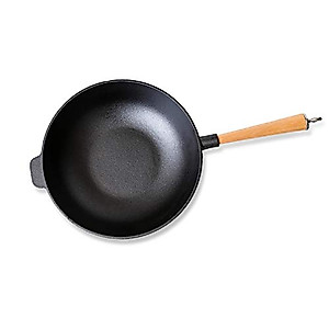 Kasian House Cast Iron Wok with Wooden Handle and Lid, Pre-Seasoned, 12" Diameter Chinese Wok with Flat Bottom, Heavy Duty Stir Fry Pan