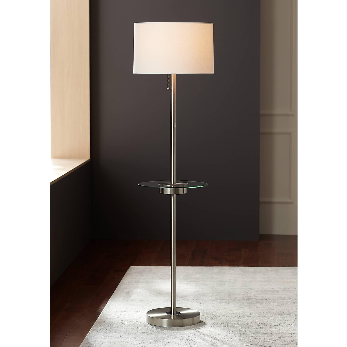 360 Lighting Caper Modern Floor Lamp with Tray USB and AC Power Outlet on Table Glass 60.5" Tall Satin Nickel White Fabric Drum Shade for Living Room Reading House Bedroom