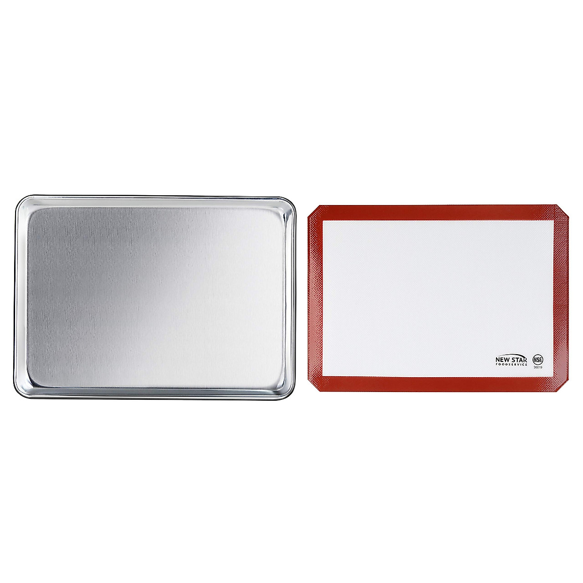 New Star Foodservice 38439 Commercial-Grade 18-Gauge Aluminum Sheet Pan/Bun Pan & Silicone Baking Mat Set, 13" L x 18" W x 1" H (Half Size)