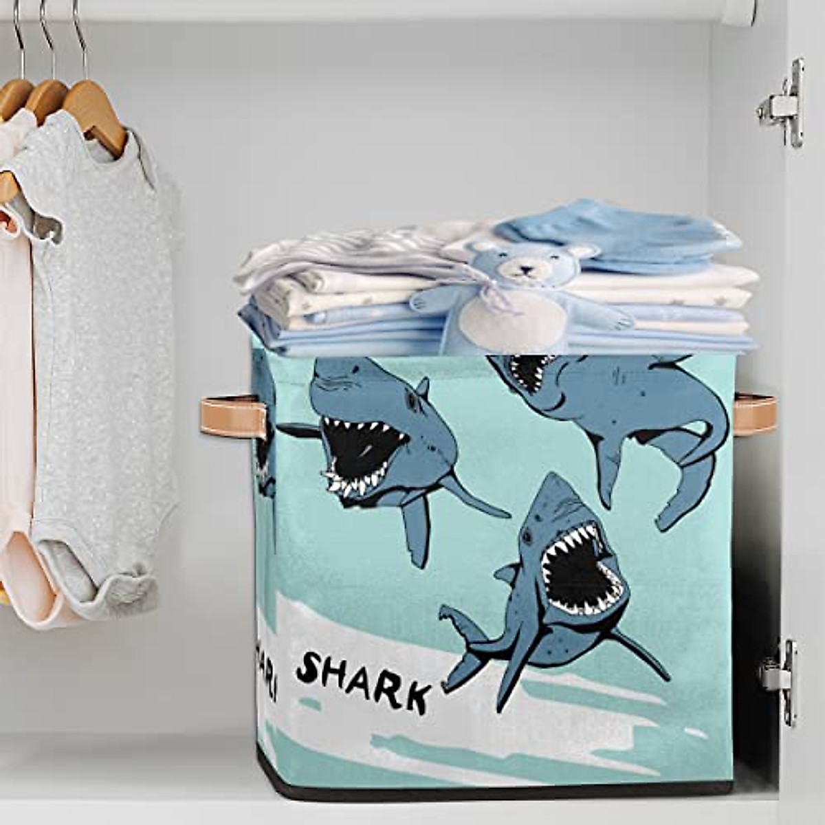 Shark Large Collapsible Storage Bins,Ocean Animal Decorative Canvas Fabric Storage Boxes Organizer with Handles,Cube Square Baskets Bin for Home Shelves Closet Nursery Gifts