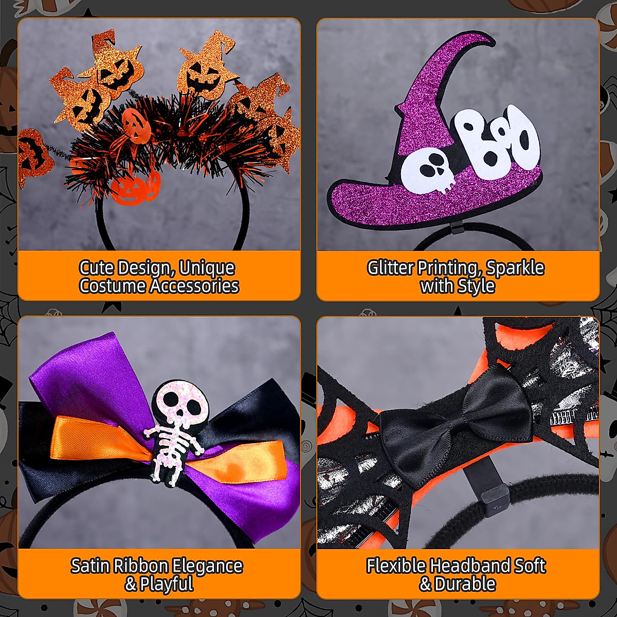 Mega-L 10 Pcs Halloween Headband, Halloween Party Favors Witch Hat, Pumpkin, Spiderweb Glittering Headband Supplies Headwear Photo Booth Props for Women Adult Cosplay Costume Party (One Size Fits All)