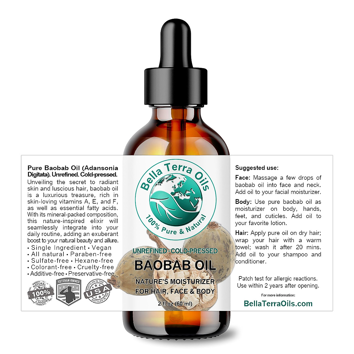 Bella Terra Oils - Baobab Oil 2 oz - Cold-Pressed Purity, Rich in Vitamin C & E, Omega-3, 6, 9 Fatty Acids, Ultimate Elixir for Nourished, Radiant Skin