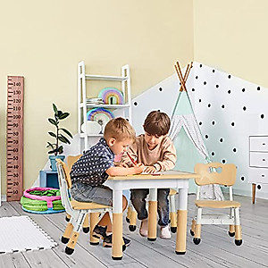 AuAg Kids Table and 4 Chairs Set, Height Adjustable Toddler Study Table and Chair Set for Age 2-10, Multi-Activity Art Table W/Graffiti&Scrubtable Desktop, for Daycare, Classroom, Home (Natural)