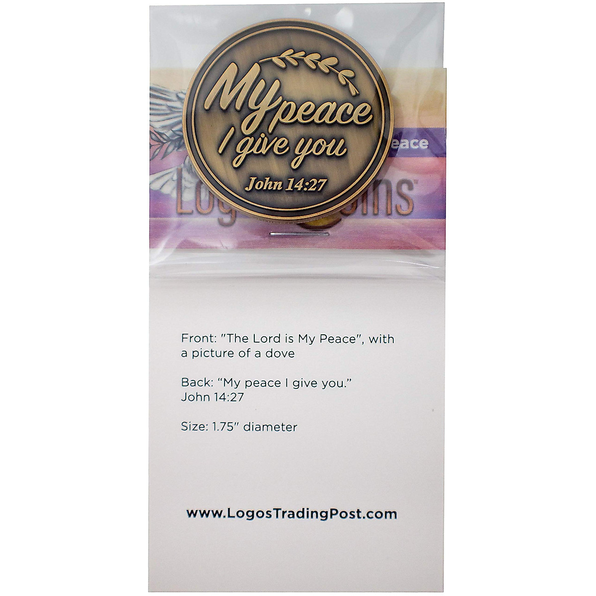 The Lord is My Peace, Dove and Olive Branch Pocket Token of Serenity, Christian Challenge Coins, My Peace I Give to You, Antique Gold-Color Plated John 14:27 Religious Gift
