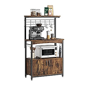 Bestier Bakers Racks with Storage Cabinet, Height-Adjustable 45" to 55" Microwave Stand for Kitchen with Wheels & Feet, Industrial Rolling Coffee Bar Shelf with 10 S-Hooks Rustic Brown