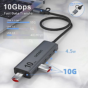 Onten 10Gbps USB C Hub,USB C to USB C/A adapter with USB3.2 GEN2 Speed. USB/USB C Splitter with 2*USBA(10G) 2*USB C(10G).4 ports USB C adapter e(Data Transfer only,Not support power and monitor)