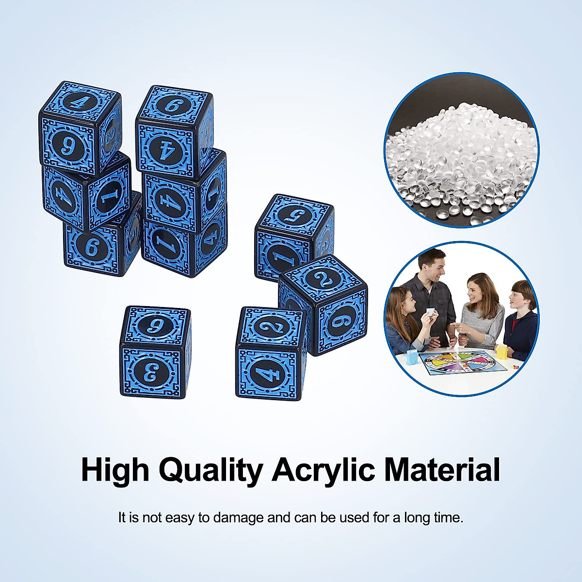 SOONALL 10pcs Dices, 6 Sided Dices with Number 1-6, Square Edged D6 Polyhedral DND Dice Set for Table Board Game(blue)