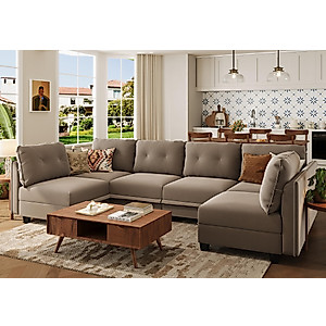 LLappuil Modular Sectional Sofa with Storage U Shaped Couch with Reversible Chaise Velvet Waterproof Anti-Scratch Sofas for Living Room 6 Seats Grey Brown