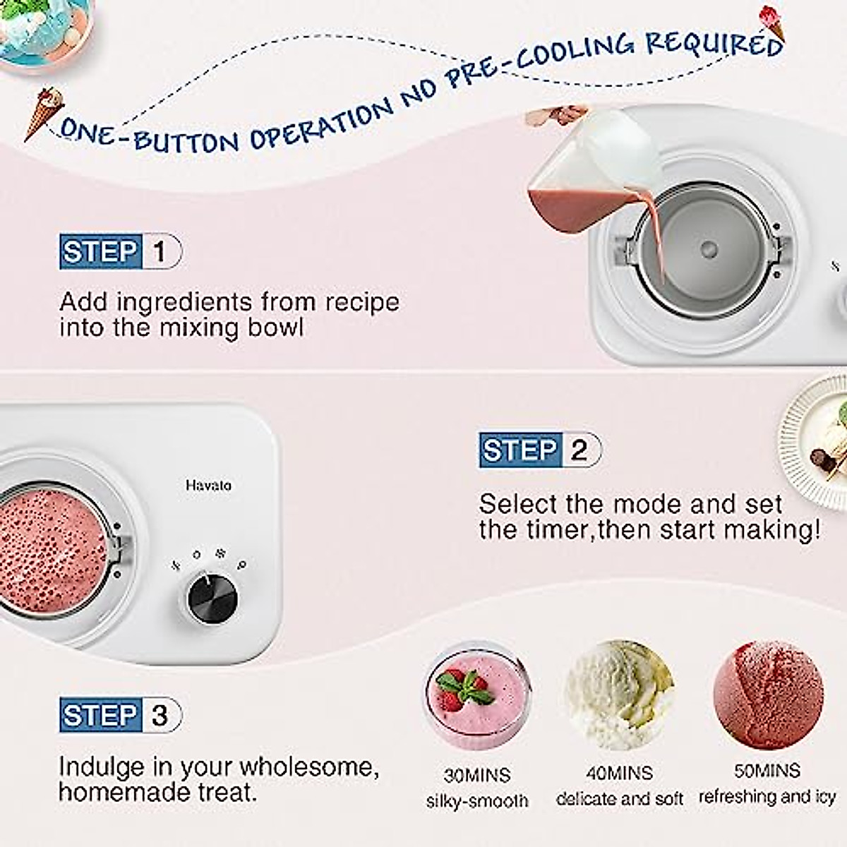 HAVATO 1.0QUART compact Ice Cream Maker with Compressor,No pre-freezing,3 Modes,sorbet machine,Homemade Sorbet/Gelato/milkshake for family of 4-5,recipe included,White