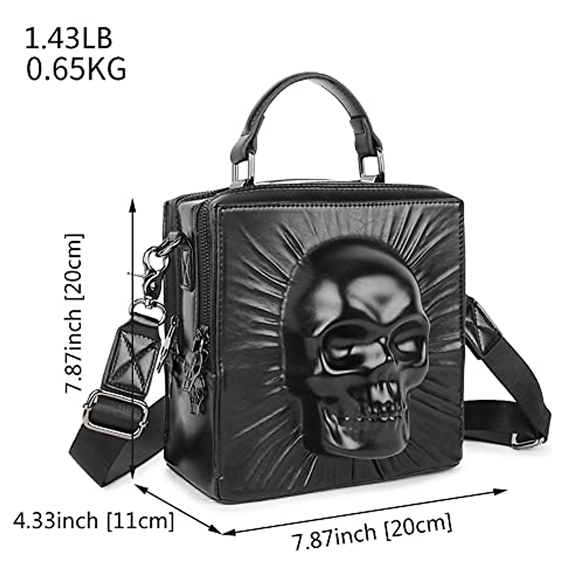 Chikencall 3D Skull Top-handle Bag Zippered Punk Rock Shoulder Bag Vegan Leather Waterproof Embossed Ghost Head Handbag Black Medium Satchel