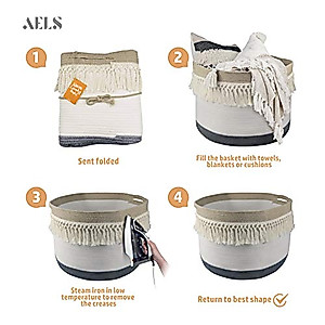 AELS XXXLarge 22"x22"x15" Rope Boho Basket Woven Baby Laundry Basket for Blankets Toys Storage Basket with Handle Comforter Cushions Storage Bins Thread Laundry Hamper-Brown White Gray 93 Liters